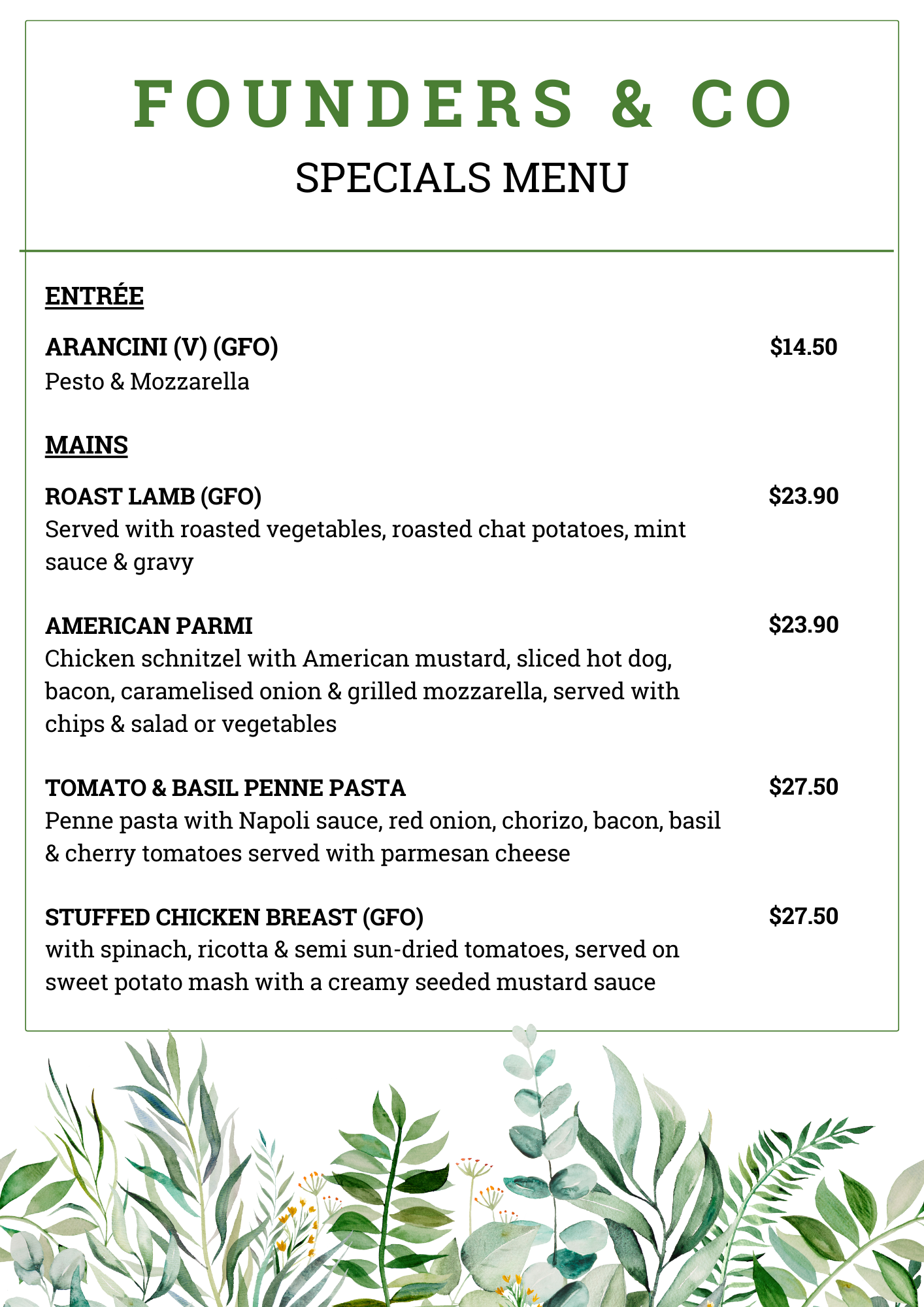 Menus - Founders & Co | Family friendly contemporary Australian ...